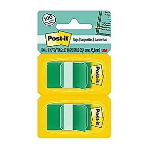 Post-it Flags, 50/Dispenser, 2 Dispensers/Pack, 1 in Wide, Green (680-GN2)