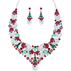 QYJ 2 Pcs/Set Fashion Statement Bib Santa Claus Christmas Necklace Dangle Earring Costume Jewelry Set for Christmas Party Xmas Gift for Women(Style3-Platinum Plated)