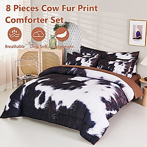 SUCSES Cow Print Comforter Set Queen Size, 8Pcs Cow Fur Print Bed in A Bed, Western Highland Cowhide Bedding Sets with Comforter and Sheets, Super Soft Farmhouse Style Bed Quilt Set for Teens Boys