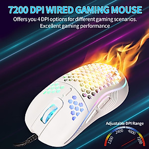 Honeycomb Wired Gaming Mouse, RGB Backlight and 7200 Adjustable DPI, Ergonomic and Lightweight USB Computer Mouse with High Precision Sensor for Windows PC & Laptop Gamers (Ceramic White)
