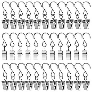 50PCS Curtain Clips with S Hooks for Hanging Party String Lights Outdoor Wire Holders Clamp Hangers Gutter Hooks, Stainless Steel Silver