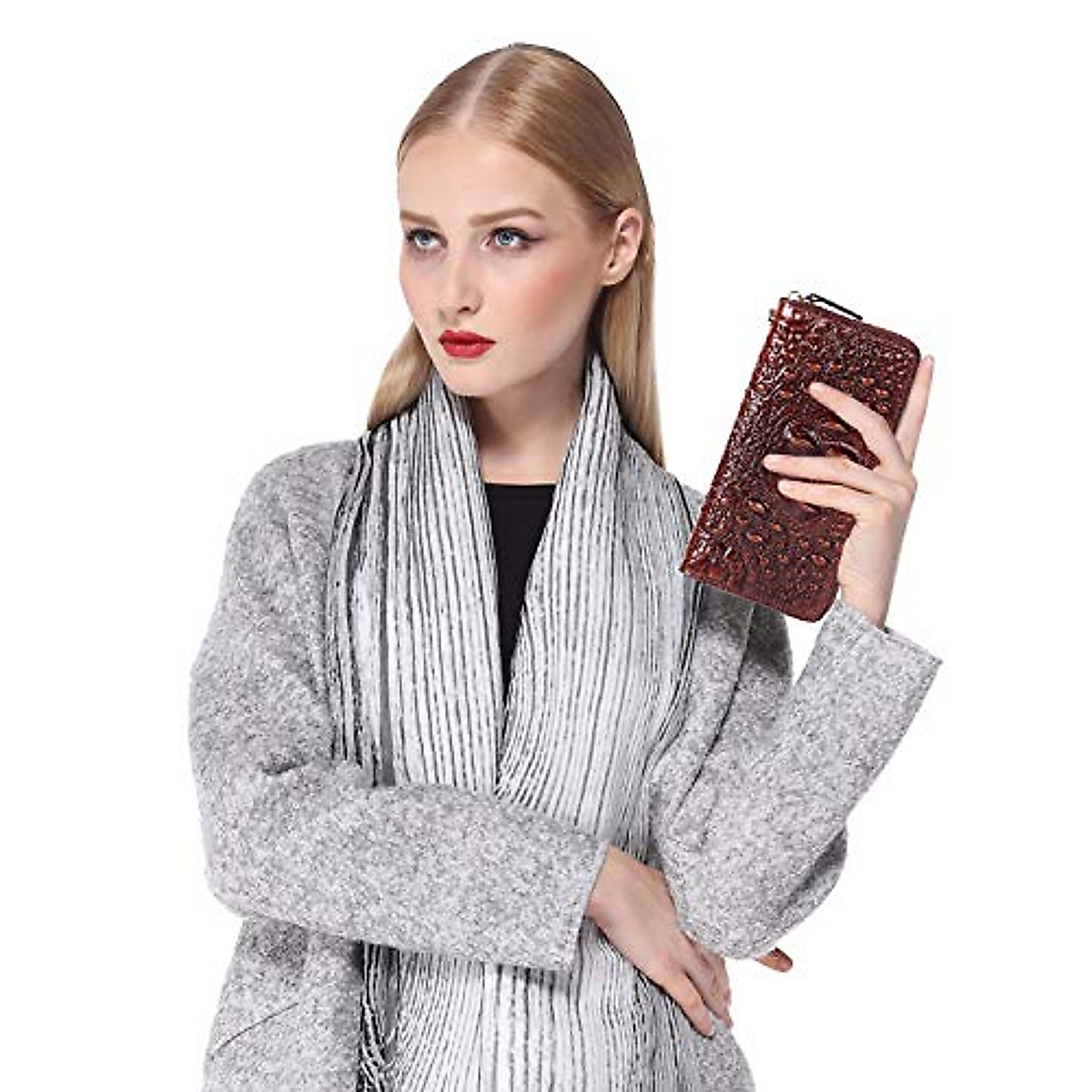 PIJUSHI Wristlet Wallet Crocodile Leather Wallets for Women Ladies Clutch Purse (1058 Brown)