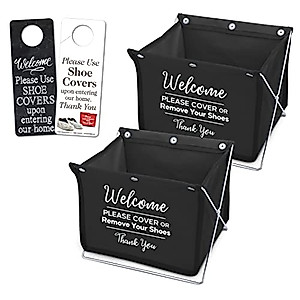 Foldable Shoe Cover Holder and Single Door Hanger with Designs on Front and Back - Please Use Shoe Covers (Black - 2 Pack)