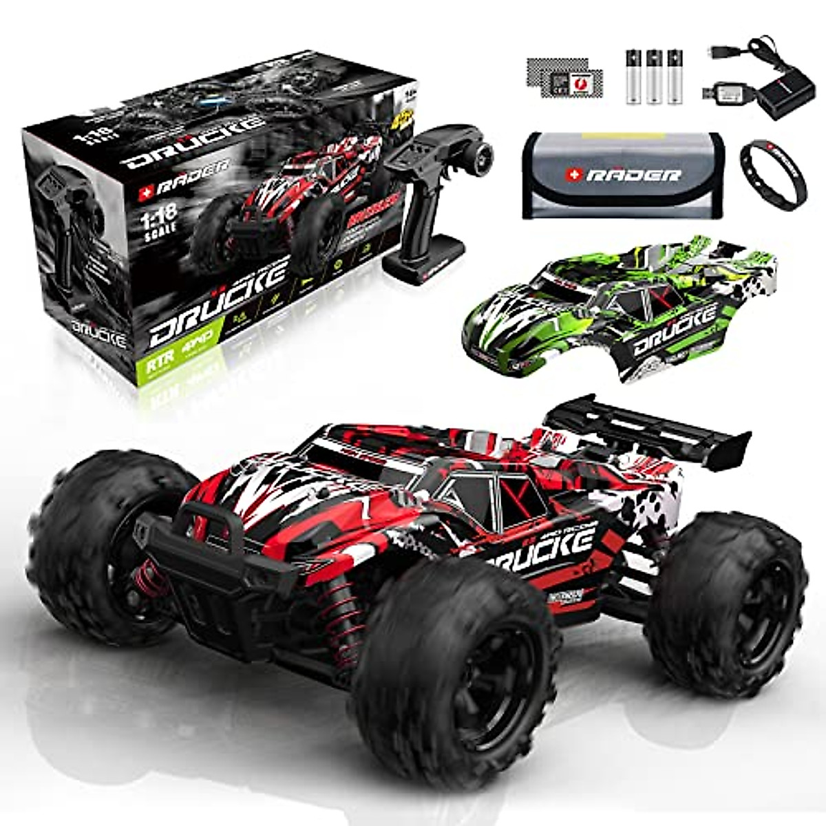 RÄDER DRÜCKE RC Cars-1:18 Scale 45+KM/H High Speed RC Car Hobby Grade Remote Control Car 4x4 Off Road Monster Car, All Terrain Waterproof Toys for Kids Adults with 2 Rechargeable Batteries