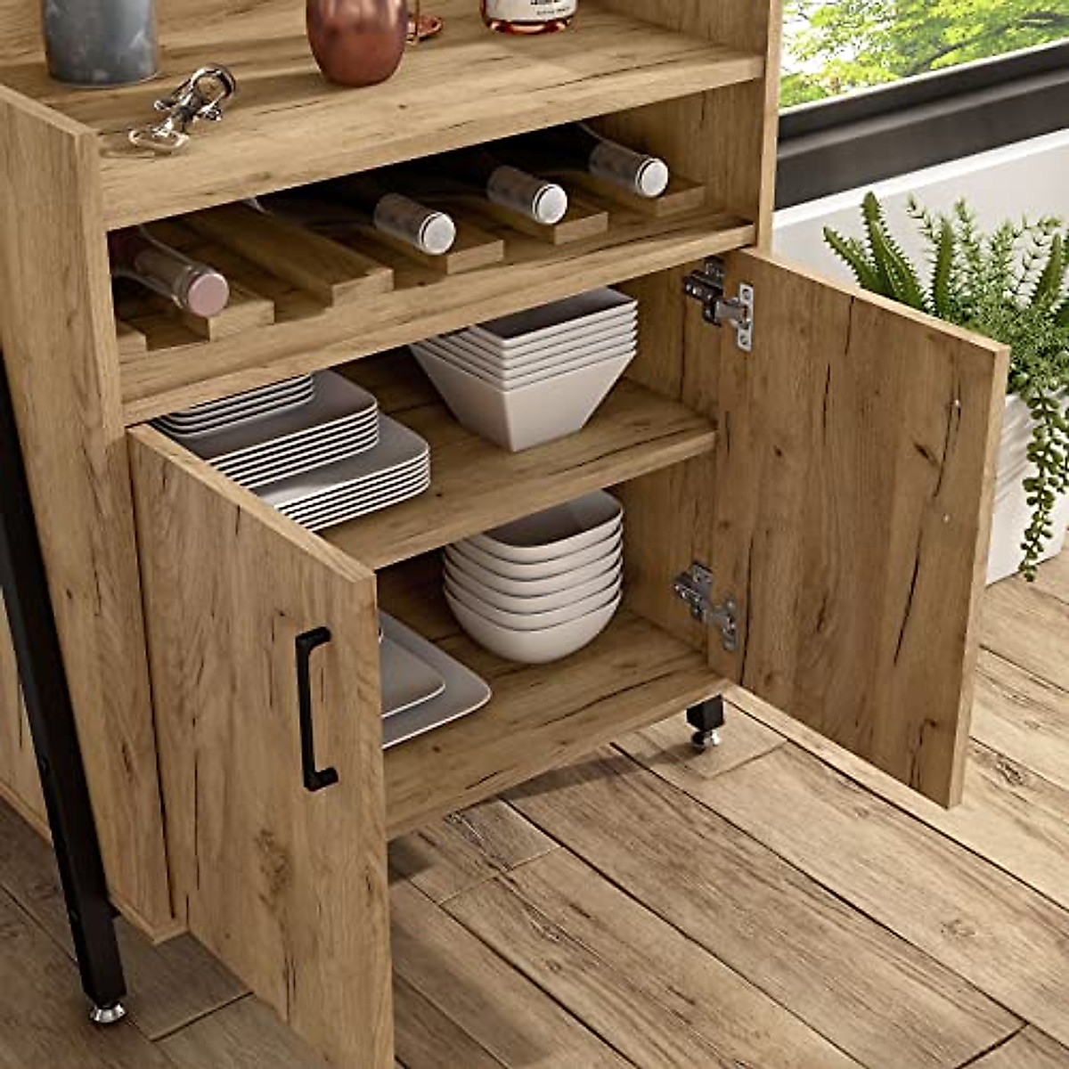 Furniture of America Abner Rustic Industrial Style 2-Shelf Multi-Functional Cabinet with Wine Rack, Buffet, Home Bar for Dining, Living Room, Kitchen, Black-Ample Storage Space, Versatile Usage, Brown