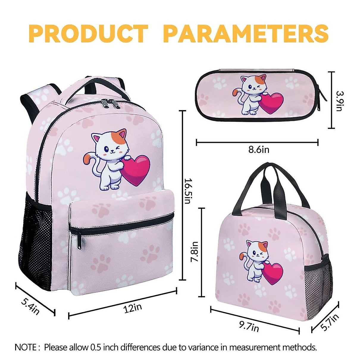 CUNEXTTIME Cat Backpack with Lunch Box, Set of 3 School Backpacks Matching Combo for Girls Boys, Cute Pink Bookbag and Pencil Case Bundle