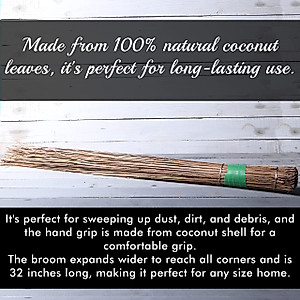 1 Piece of 32 inch Multi-Surface Sturdy Outdoor Authentic Coconut Leaf Broom Asian Heavy Duty Broom Thai Natural Coconut Leaf Broom (Country Rustic)