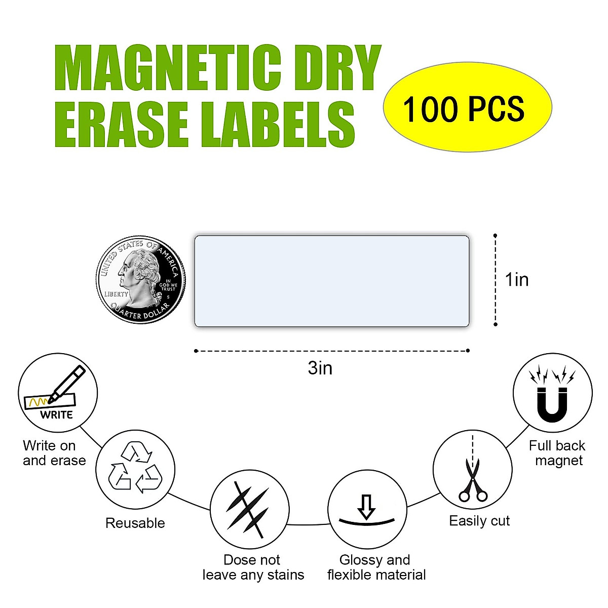 STTMGN Dry Erase Magnetic Name Tags,Magnets for Classroom(1x3",Pack of 100),Write On Labels,Waterproof/Reusable for Office&File Cabinet&Whiteboard&Fridge(White)