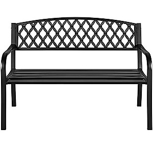 Topeakmart Garden Bench Outdoor Park Metal Bench, Cast Iron Steel Frame Patio Bench Porch Bench with Cross Design and Slatted Seat Clearance for Path, Yard, Backyard, Work, Lawn, Balcony, Deck - Black