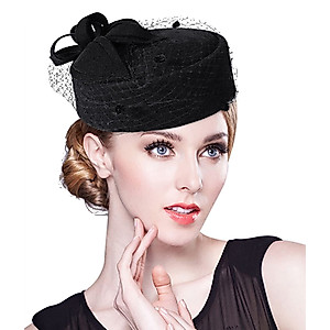 Z&X British Vintage Wool Felt Pillbox Hat Ladies Church Derby Winter Fascinator Hat Veil Flower Fedoras Black