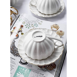 Amazingware Royal Tea Cups and Saucers, with Gold Trim and Gift Box, British Coffee Cups, Tea Cup Set, Porcelain Tea Set, Cappuccino Cups, Latte Cups, Set of 6 (8 oz)- White