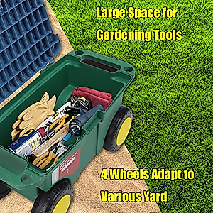 Garden Scooter Cart, Rolling Garden Cart with Seat, Lawn & Garden Storage Cart for Weeding & Planting, Gardening Storage Bin with Tool Tray & Rope, Green & Blue