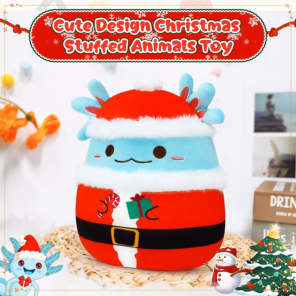 JIAJEGTGT Christmas Axolotl Plush Toy Stuffed Animal,11" Blue and Red Soft Plush Pillow Kawaii Plushies Christmas Decoration,Plush Toys Gift for Kids Boy Girl