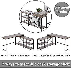 BON AUGURE Industrial L Shaped Computer Desk with Shelves, Rustic Wood Home Office Desks, Reversible Corner Desk with Storage (59 Inch, Dark Grey Oak)