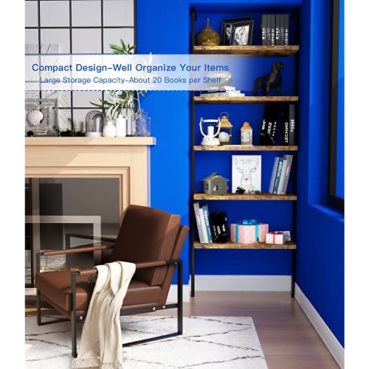 DKLGG 5-Tier Book Shelf Rack Against The Wall, Tall Ladder Shelf Wooden Bookcase Metal Frame Storage Plant and Flower, Single Standing Bookshelf Ladder ​for Living Room, Bedroom, Balcony, Home Office