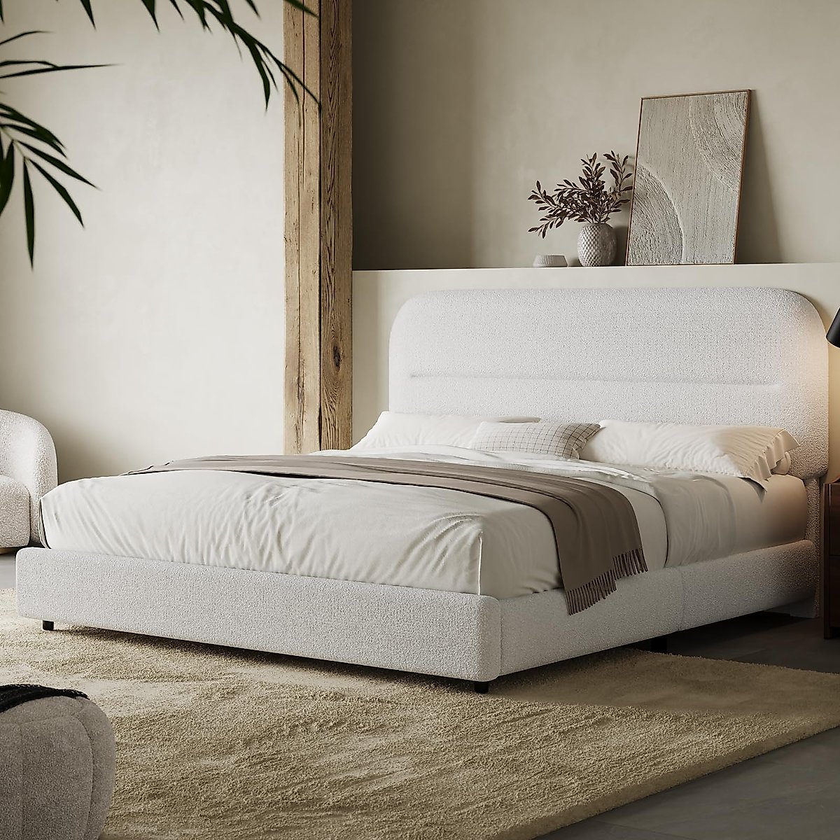 HOMBCK Queen Size Boucle Bed Frame, Upholstered Bed Frame with Headboard, Soft Cloud Bed Frame with Thickened Footboard, Rounded Corners, No Box Spring Needed, Easy Assembly, White