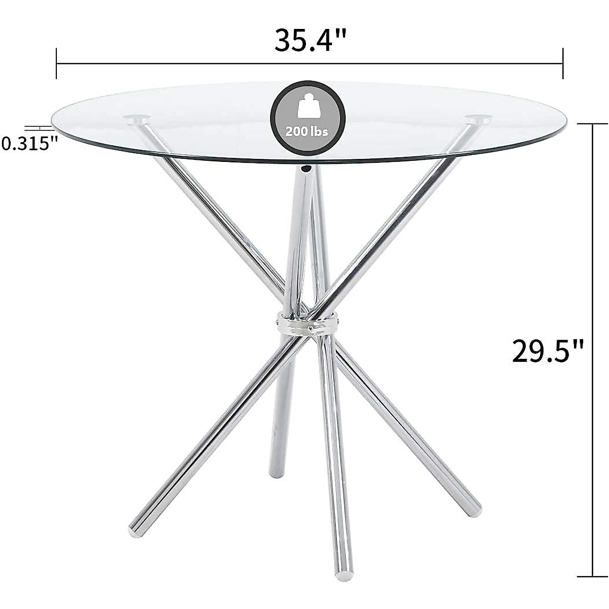 Modern Round Dining Table with Clear Tempered Glass Top, 4 Chrome Legs Kitchen Table for 2 or 4 Person,Round Dining Table Furniture for Home Office Kitchen Dining Room(W 35.4 x L 35.4 x H 29.5 inch)