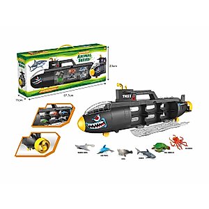 Boat Submarine Toy Shark Car Vehicle Toy W/ 6 Sea Animals and Storage Toys for 3, 4, 5, 6 7 Year Old Kids Boys Girls