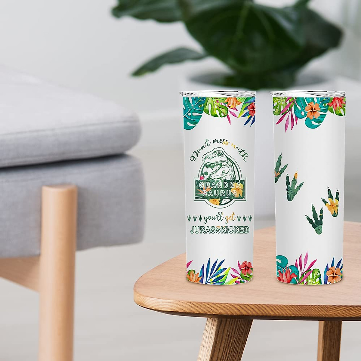 Fatbaby Funny Grandma Gifts,Grandmasaurus Tumbler Cup,Mother’s Day Birthday Christmas Gifts for Grandma,Vacuum Insulated Stainless Steel Skinny Tumbler With Lid and Straw 20oz