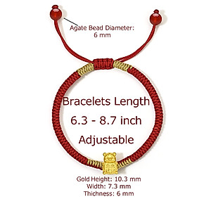 ZHOU LIU FU 24K Solid Gold Bracelets, Real Pure Gold Bracelet Chinese Zodiac Jewelry Adjustable Red Braided Bracelet Rabbit Dragon Dog Piggy with Blessing Idiom for Women Men Girlfriend
