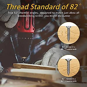 11 Pcs 82° Countersink Drill Bit Set #5, 6, 8, 10, 12 with 5 Replacement Dril bits and 1 Wrench, 3/8" Quick-Change -Chamfered Adjustable Drilling Tool Kit on Pilot Counter Sink Holes for Woodworking