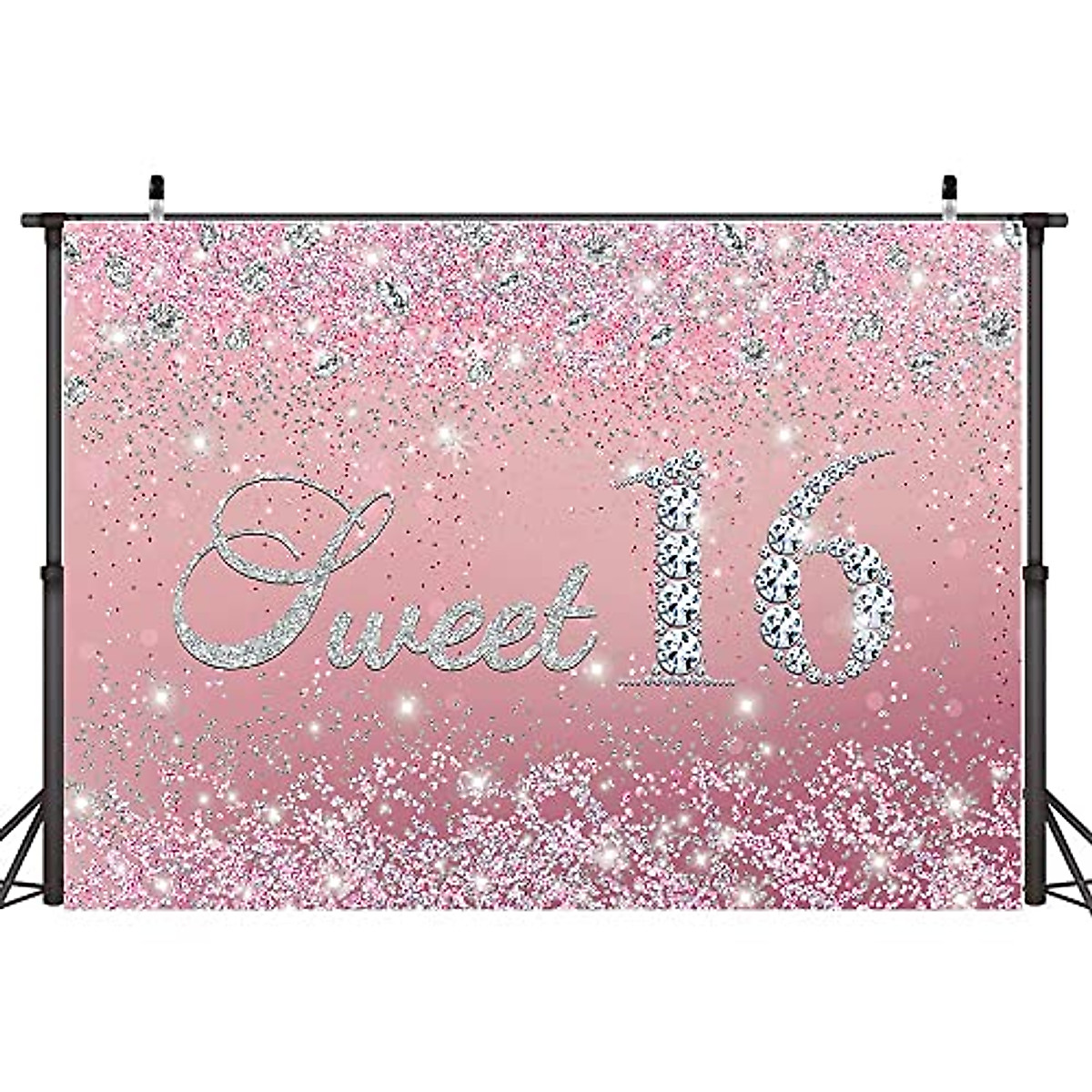 Hilioens 7×5ft Sweet 16th Birthday Backdrop Glitter Pink Diamonds Bokeh Girls 16th Birthday Party Backgorund Shining Silver Happy Sixteen Birthday Party Banner Deocrations Photo Booth Props