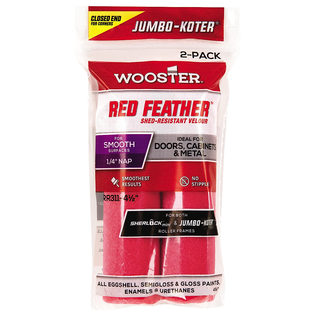 Wooster RR311-4 1/2 Jumbo-Koter Red Feather Shed Resistant Paint Roller Cover, 1/4 in Nap, 4-1/2 in L, 3/4 in, 4.5 Inch