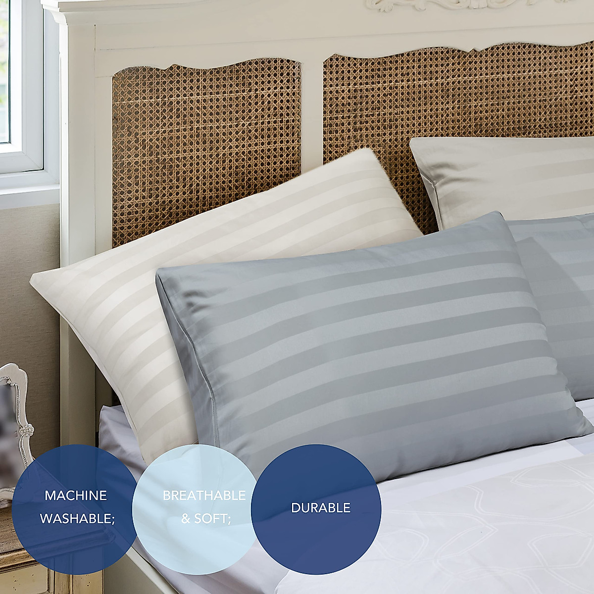 Pillow Cases Standard Size, 100% Egyptian Cotton Pillow Protectors with Zipper, 400 Thread Count Sateen Weave Grey Pillowcases Standard Size Set of 2, Premium Quality Pillow Covers for Home/Hotel