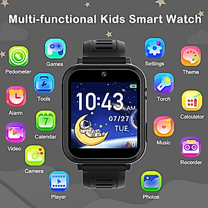 Phyulls Smart Watch for Kids, Smart Watch Toys with 24 Games Camera Video Recorder Music Alarm Calculator Calendar Flashlight Stopwatch Pedometer Gift Toys for 3-12 Years Old Boys and Girls (Black)