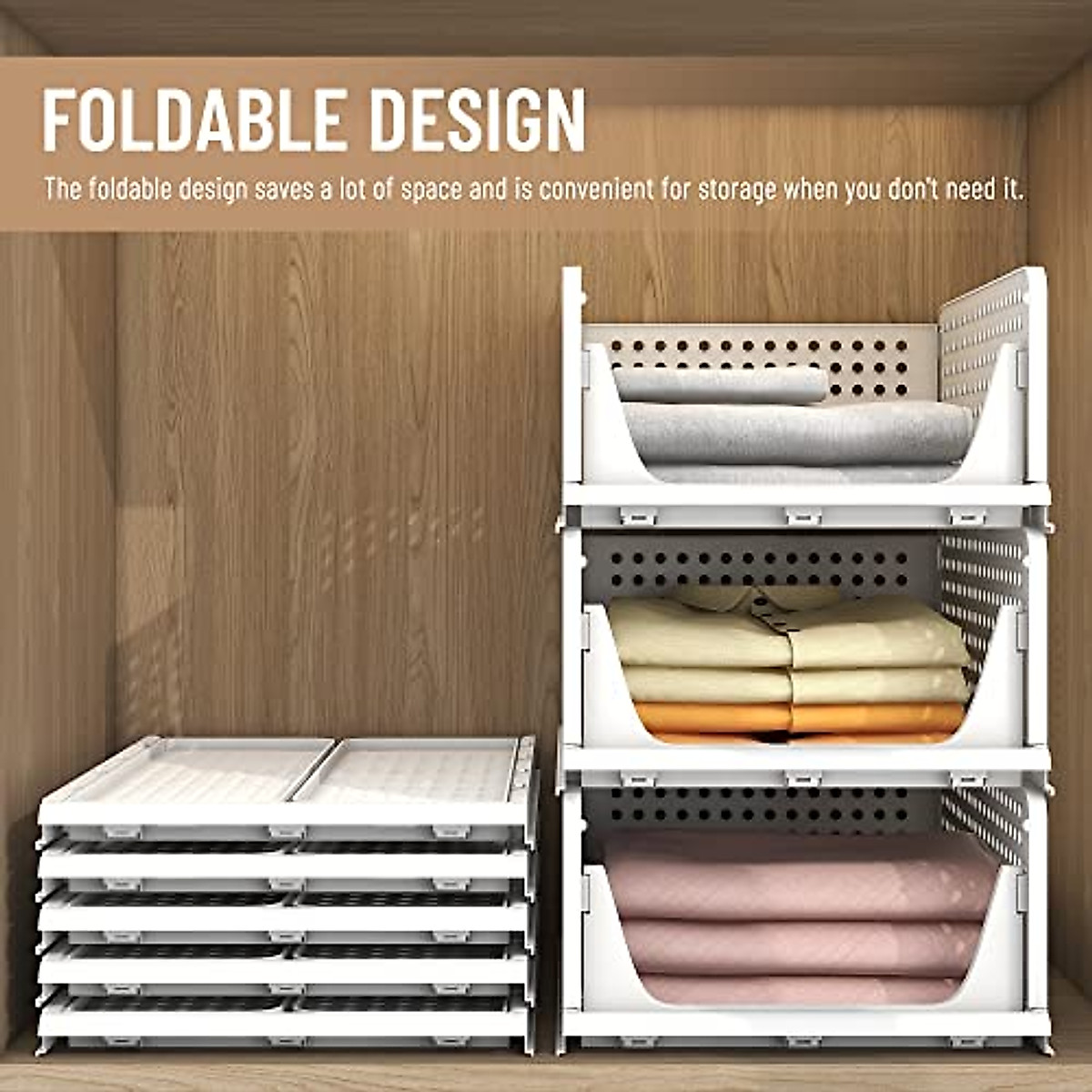 Pinkpum Stackable Plastic Storage Basket-Foldable Closet Organizers and Storage Bins 4 Pack-Drawer Shelf Storage Container for Wardrobe Cupboard Kitchen Bathroom Office 2S+2L