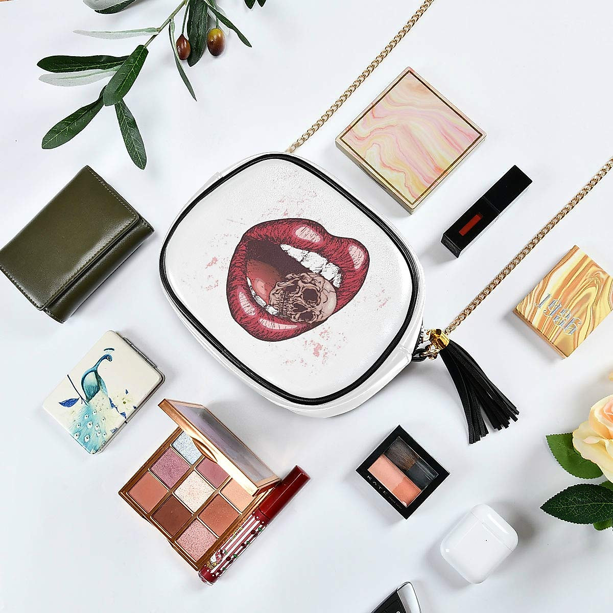 ALAZA PU Leather Small Crossbody Bag Purse Wallet Punk Red Lips Biting A Skull Cell Phone Bags with Adjustable Chain Strap & Multi Pocket