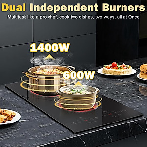 2 Burner Electric Cooktop, 12 Inch Electric Stove​ 120V 2000W Plug-in Stove Top with Timer, 9 Level Adjustment, Pause Control & Child Lock, Countertop & Built-in, Sensor Touch, Pladeca