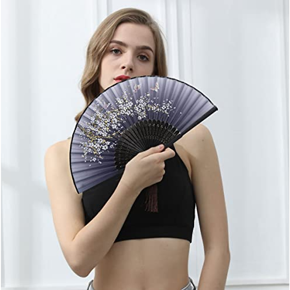 Amajiji Small Folding Hand Fans, Stay Cool and Stylish with Bamboo Handheld Silk Fans - Perfect for Hot Flashes, Music Festivals, Parties, Performances, and Gifts (Double Black Sakura)