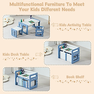 SINKIPA 3 in 1 Montessori Weaning Table and 2 Chairs Set, Kids Table and Chair Set, 2 Height Levels, Toddlers Activity Table for Drawing, Dining, Reading and Playing, Blue