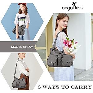 Angelkiss Women's Designer Handbag Large Double Zipper Multi Pocket Washed, Grey