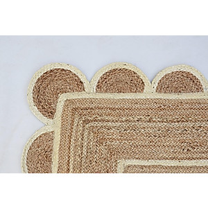 KALVEERA Scalloped Natural Jute Area Rug, Colored Trim (Off White, 11'x14')