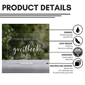 Sweet Carolina Collective Modern Acrylic Wedding Guestbook Sign - Please Sign Our Guestbook - with Acrylic or Wood Stand: 5" x 7" or 8" x 10" - Perfect for Wedding Table Decor & Reception Decor