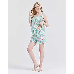 CHUNG Women's Cute Cotton Pajama Set Cartoon Tank Tee Shorts Sleepwear Summer Plus Size, GreenPaisley, Medium