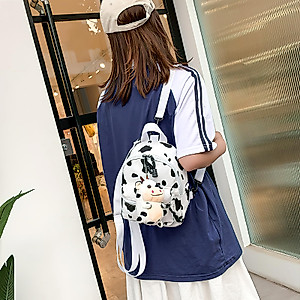 TENDYCOCO Cow Backpack with Plush Cow Pendant Canvas Cow Print Backpack Cow Print stuff Cow Gifts for Women Mini Backpack for Women