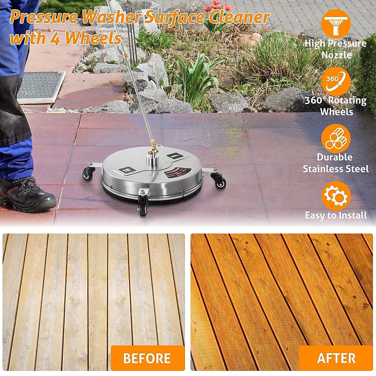 WICHEMI 1800W Multipurpose High-Temp Floor Steam Mop Steam Cleaning Machine + 18" Pressure Washer Surface Cleaner with 4 Wheels for Driveway Sidewalk Patio Concrete Cleaning