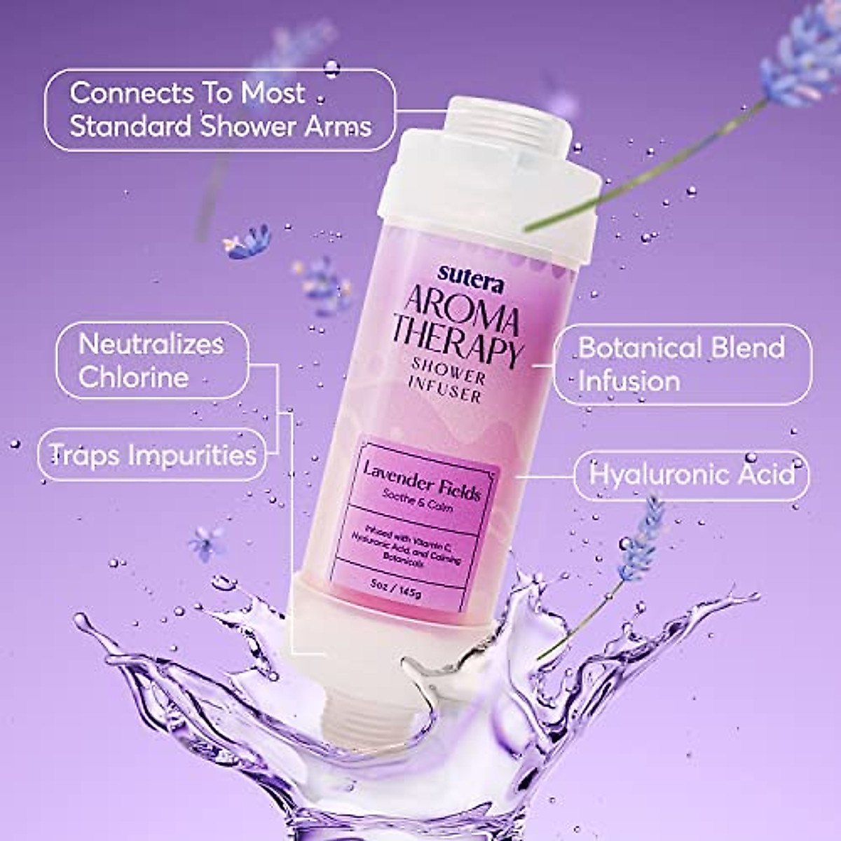 Sutera Shower Infuser - Vitamin C Shower Head Filter, Hard Water Softener, Chlorine & Fluoride Shower Filter, Water Purifying Filtered Shower Head with Beads (Lavender)