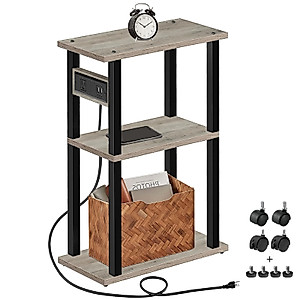 TUTOTAK Small Narrow Side Table with Charging Station, Skinny End Table for Small Spaces, Slim Nightstand with USB Ports and Outlet, Sofa Beside Table with Wheels, Greige TB01BG046