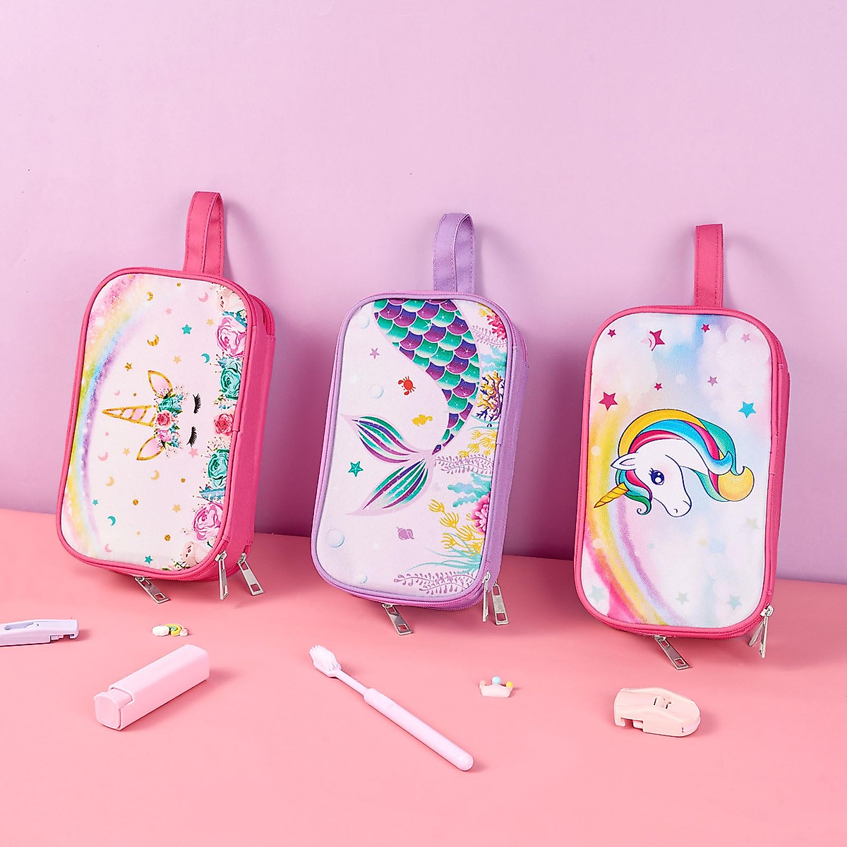 WAWSAM Rainbow Pink Toiletry Bag - Travel Toiletry Bag for Kids Girls Christmas Birthday Gift Camping Toiletry Case Toiletries Makeup Cosmetic Pouch Pink Water-resistant Wash Bag Dopp Kit with Pocket