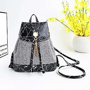 Drawstring Small Backpack Bag Women Pattern Cover Stone Backpack Tassel Lock Mini Backpacks for (Black-b, One Size)
