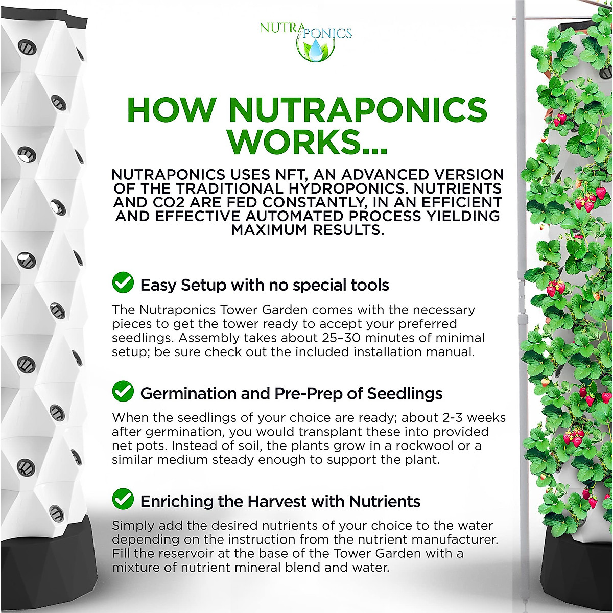 Nutraponics Hydroponics Indoor Garden Growing System - Automated Aeroponic Vertical Tower Garden + LED Grow Lights Planting Kit Farm Plants Fresh Herb Garden, Fruits & Vegetables Nursery - 80 Pots