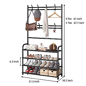 WEECRON Entryway Shoe Rack 4 Tier Shoe Shelf Storage Organizer with Hooks for Bedroom Closet, Black