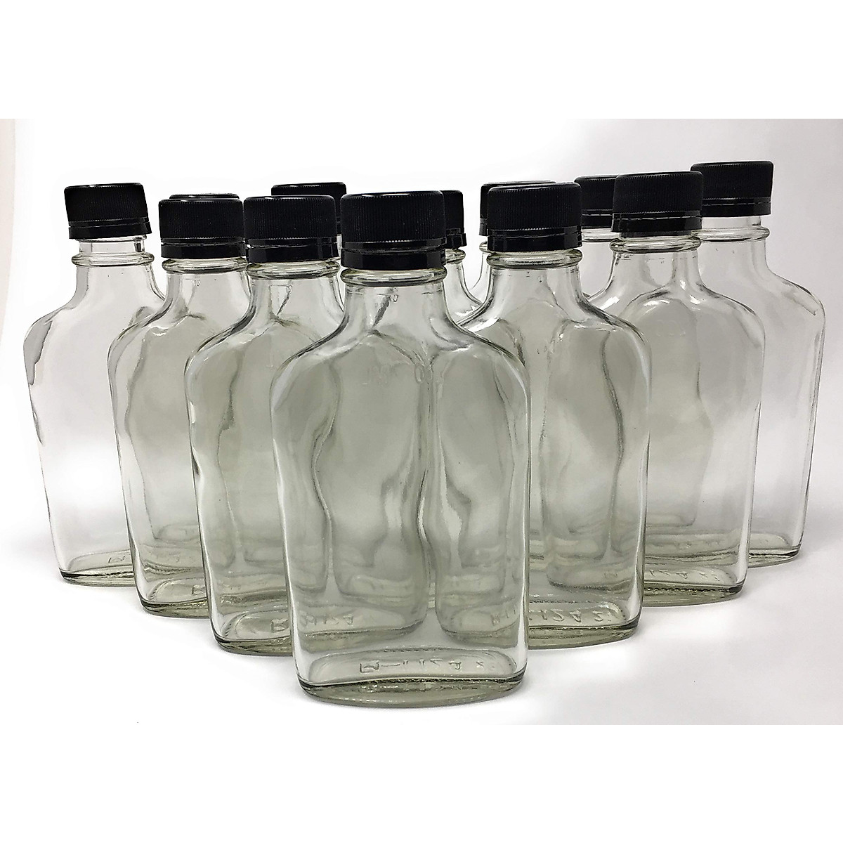 200 ml (6.6 oz) Glass Flask Liquor Bottle with Black Caps (6 Pack)