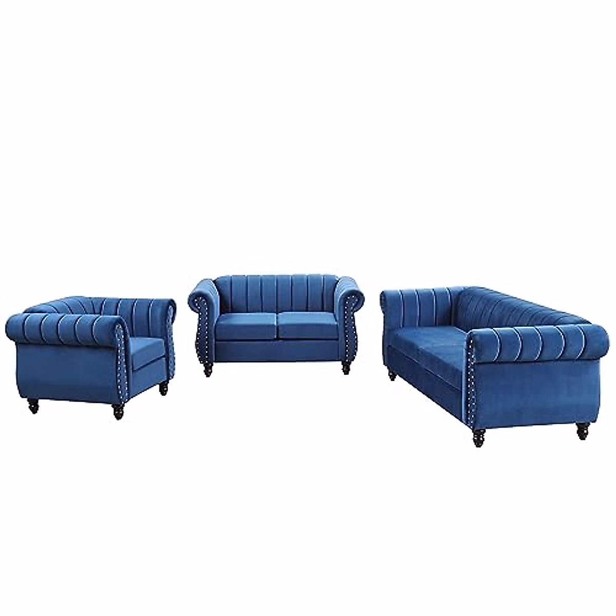 3-Piece Sofa Sets Living Room Sets with Solid Wood legs, Buttoned Tufted Backrest, Frosted Velvet Upholstered Couches Sets Including 3-Seat Sofa, Loveseat and Chair for Living Room (Blue)