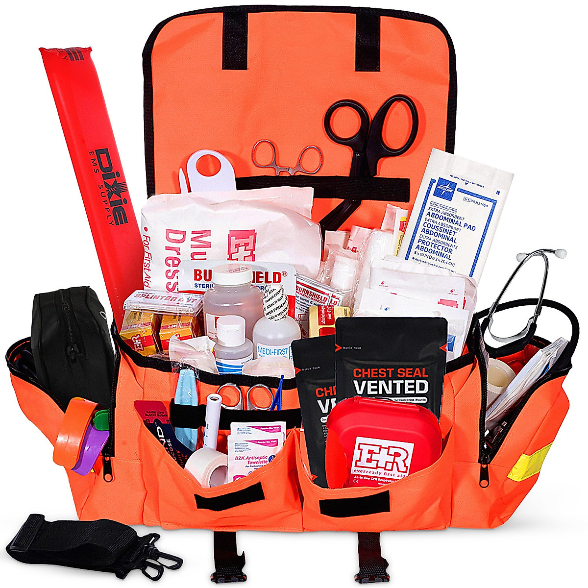 Ever Ready First Aid Fully Stocked EMT Trauma Bag Feat. Tourniquet, Chest Seals, Bleeding Control, Bandages, Shears, Gauze Pads and Rolls (Orange)