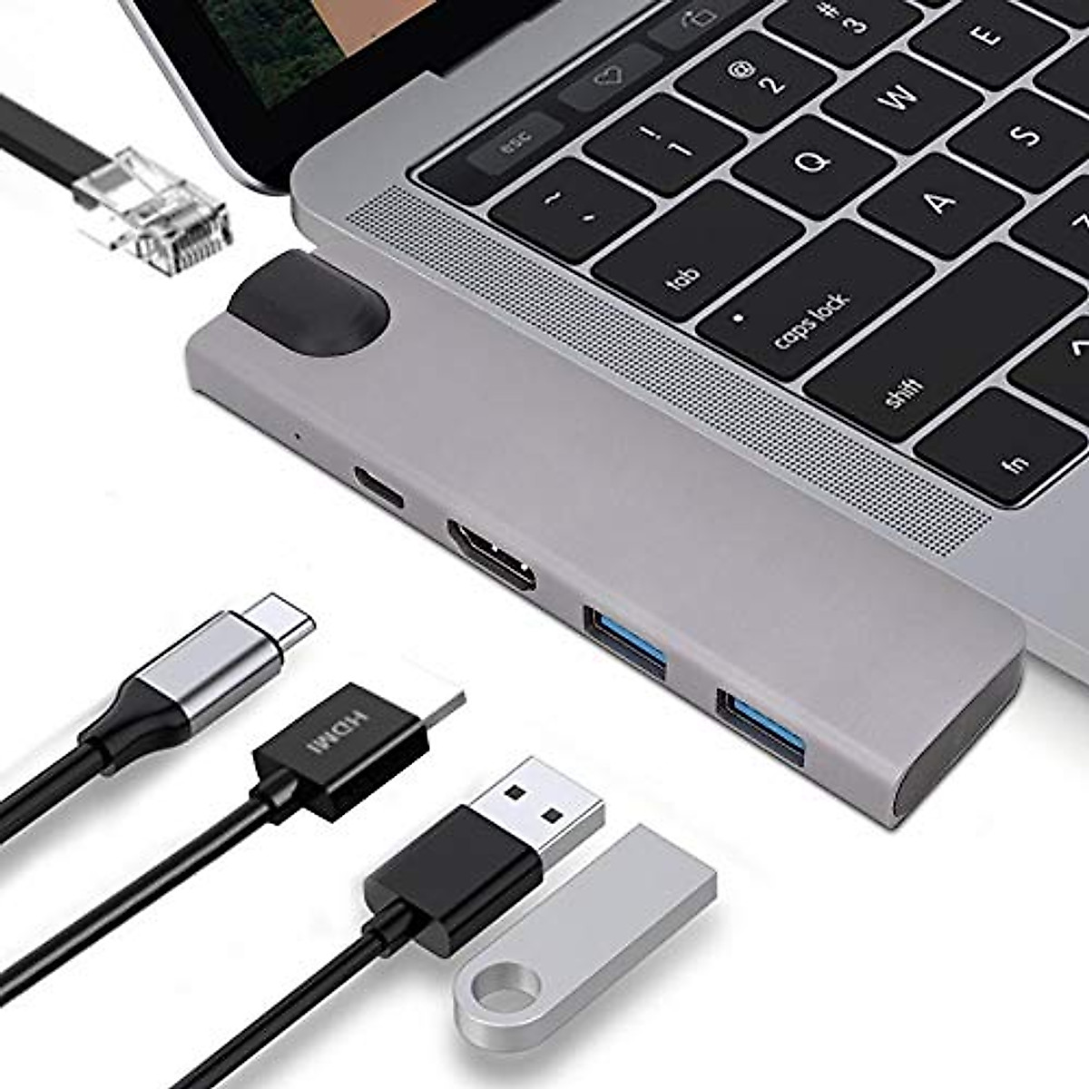 USB C Hub, 7 in 1 Type C HUB Multiport Adapter with 2 USB3.0, 4K HDMI Port, Gigabit LAN Port for MacBook/MacBook Pro 2017/2018.